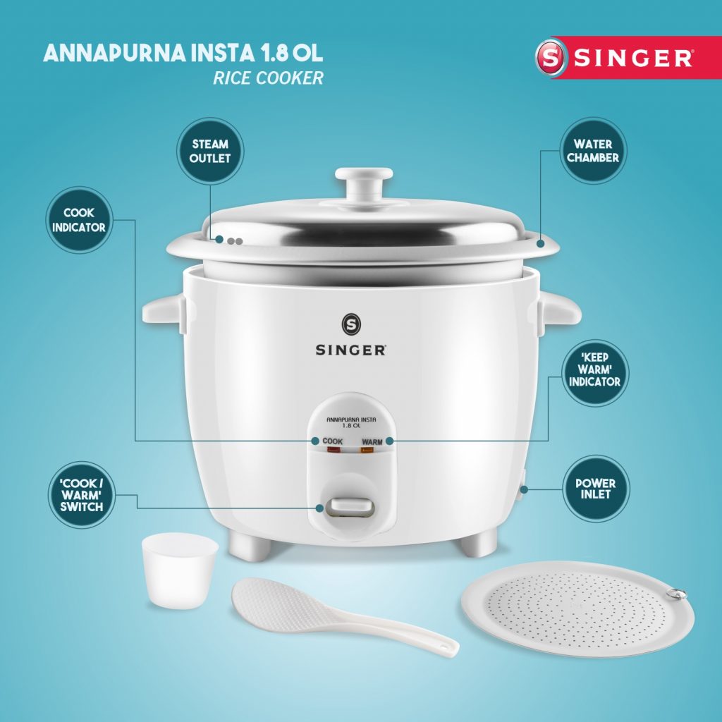 SINGER Annapurna Insta 1.8 OL 700 Watts Electric Rice Cooker – White ...